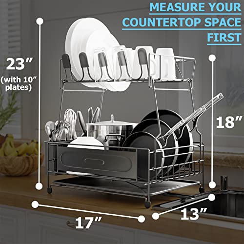 2 in 1 Kitchen Dish Drying Rack, 2-Tier Dish Rack for Kitchen Counter with Drainboard, Stainless Steel Large Capacity Dishrack, Multifunctional Rustproof Dish Drainer, Black