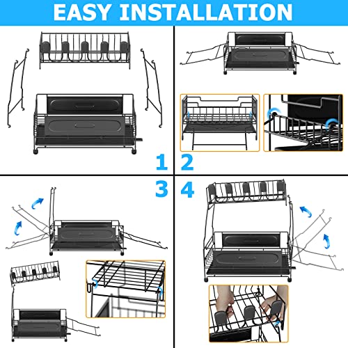 2 in 1 Kitchen Dish Drying Rack, 2-Tier Dish Rack for Kitchen Counter with Drainboard, Stainless Steel Large Capacity Dishrack, Multifunctional Rustproof Dish Drainer, Black