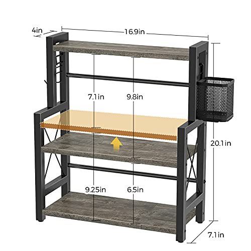 Rolanstar Spice Rack Organizer with Wire Basket, 3-Tier Kitchen Shelf, Wooden Spice Organizer with 2 Hooks, Countertop Bathroom Storage Shelf, Seasoning Rack, Grey