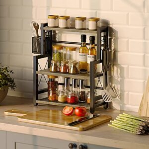 Rolanstar Spice Rack Organizer with Wire Basket, 3-Tier Kitchen Shelf, Wooden Spice Organizer with 2 Hooks, Countertop Bathroom Storage Shelf, Seasoning Rack, Grey