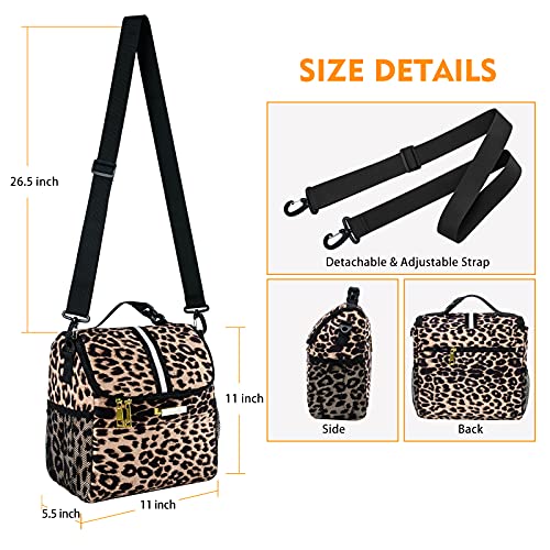 Women Insulated Lunch Bag,Large Lunch Tote Bag with Detachable Shoulder Strap and Buckle Handle Leopard