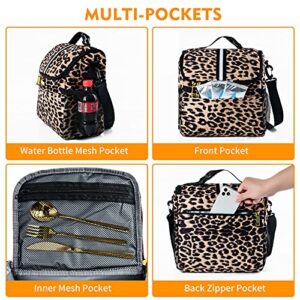 Women Insulated Lunch Bag,Large Lunch Tote Bag with Detachable Shoulder Strap and Buckle Handle Leopard