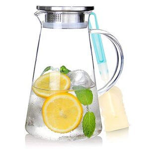 susteas 2.0 liter 68oz glass pitcher with lid, easy clean heat resistant glass water carafe with handle for hot/cold beverages – water, cold brew, iced tea & juice, 1 free long-handled brush included