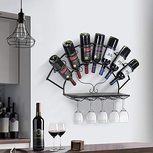 Sorbus® Wine Bottle Stemware Glass Rack Wall Mounted - Bordeaux Chateau Style - Holds 7 Bottles of Your Favorite Wine - Elegant Storage for Kitchen, Dining Room, Bar, or Wine Cellar (Black)