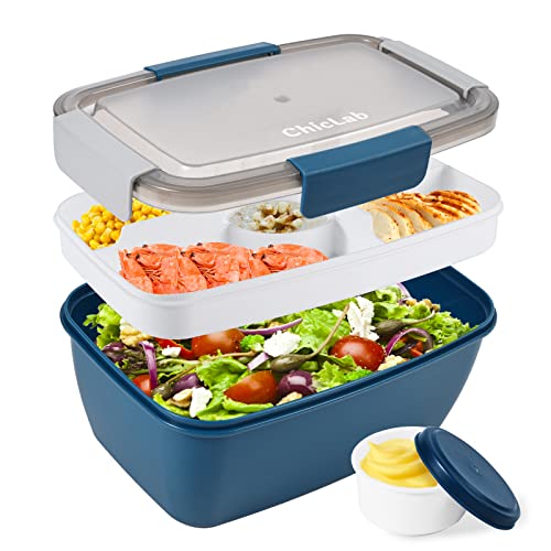 ChicLab Large Salad Lunch Box Adult - With 68-oz Salad Bowl, 5-Compartment Tray, 3-oz Sauce Container, Reusable Spork & BPA-Free