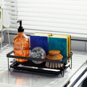 ispecle kitchen sink caddy sponge holder kitchen sink caddy organizer, brush holder drainer with removable drain tray, dish soap and sponge holder storage kitchen accessories, black