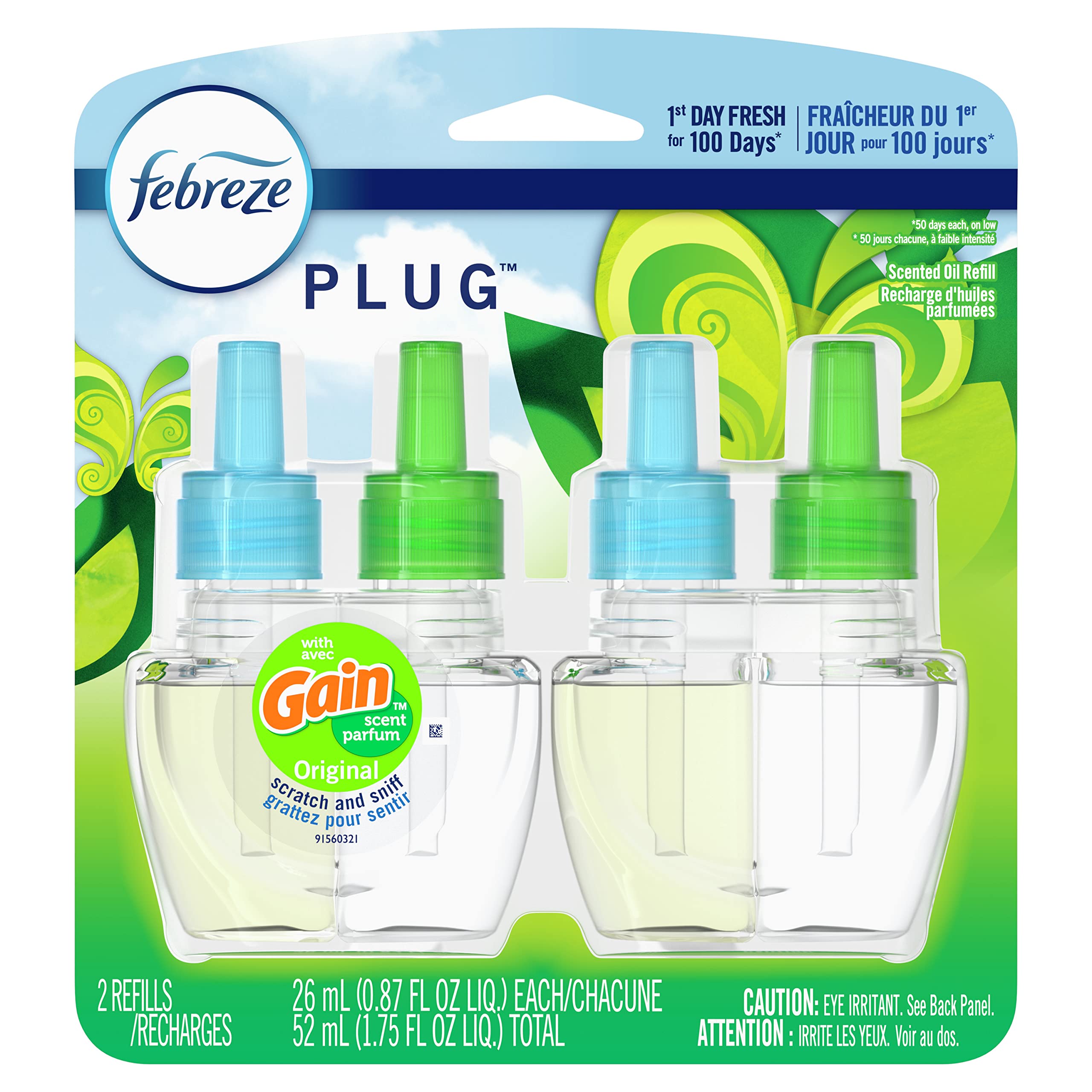 Febreze Odor-Fighting Fade Defy PLUG Air Freshener Refill, Gain Original Scent, (2) .87 fl. oz. Oil Refills