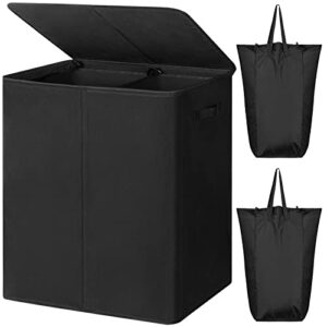 wowlive 154l double laundry hamper with lid and removable laundry bags, large dirty clothes hamper 2 section collapsible laundry basket dorm room storage for bedroom, bathroom, college, black