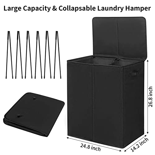 WOWLIVE 154L Double Laundry Hamper with Lid and Removable Laundry Bags, Large Dirty Clothes Hamper 2 section Collapsible Laundry Basket Dorm Room Storage for Bedroom, Bathroom, College, Black