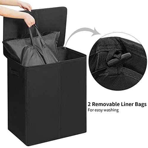 WOWLIVE 154L Double Laundry Hamper with Lid and Removable Laundry Bags, Large Dirty Clothes Hamper 2 section Collapsible Laundry Basket Dorm Room Storage for Bedroom, Bathroom, College, Black