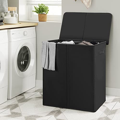 WOWLIVE 154L Double Laundry Hamper with Lid and Removable Laundry Bags, Large Dirty Clothes Hamper 2 section Collapsible Laundry Basket Dorm Room Storage for Bedroom, Bathroom, College, Black