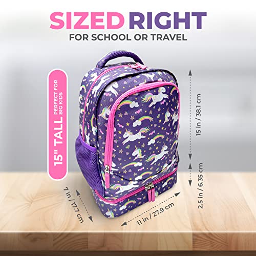 Backpack with Lunch Box for Girls, Cute 15” Girl Backpacks and Integrated Lunch Bag with Water Bottle Pocket Holder, Insulated Padded Travel Bags Boxes for Elementary School Kids, Purple Unicorn