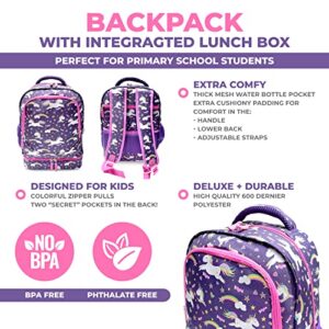 Backpack with Lunch Box for Girls, Cute 15” Girl Backpacks and Integrated Lunch Bag with Water Bottle Pocket Holder, Insulated Padded Travel Bags Boxes for Elementary School Kids, Purple Unicorn