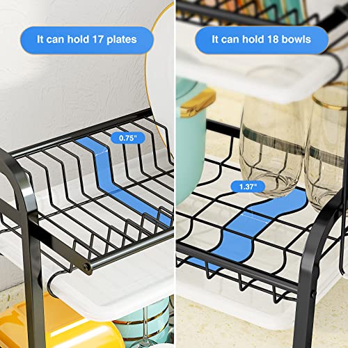 AIYAKA Dish Drying Rack, Stainless Steel 2-Tier Dish Rack Drainboard Set with Utensil Holder, Cutting Board Holder, for Kitchen Countertop Saving Space, Black