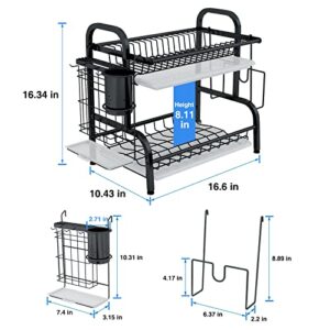 AIYAKA Dish Drying Rack, Stainless Steel 2-Tier Dish Rack Drainboard Set with Utensil Holder, Cutting Board Holder, for Kitchen Countertop Saving Space, Black