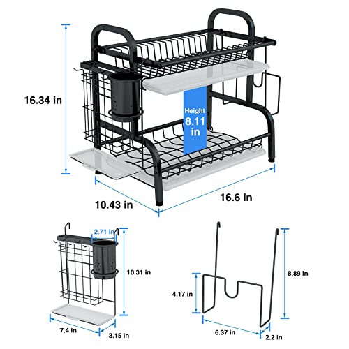 AIYAKA Dish Drying Rack, Stainless Steel 2-Tier Dish Rack Drainboard Set with Utensil Holder, Cutting Board Holder, for Kitchen Countertop Saving Space, Black