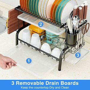 AIYAKA Dish Drying Rack, Stainless Steel 2-Tier Dish Rack Drainboard Set with Utensil Holder, Cutting Board Holder, for Kitchen Countertop Saving Space, Black