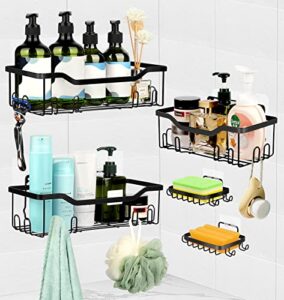 shower caddy sheves,[ 5 pack ]bathroom shelf organizer with soap holder,no drilling adhesive sus 304 stainless steel rustproof storage basket rack shelves for home bathroom kitchen toilet(matte black)