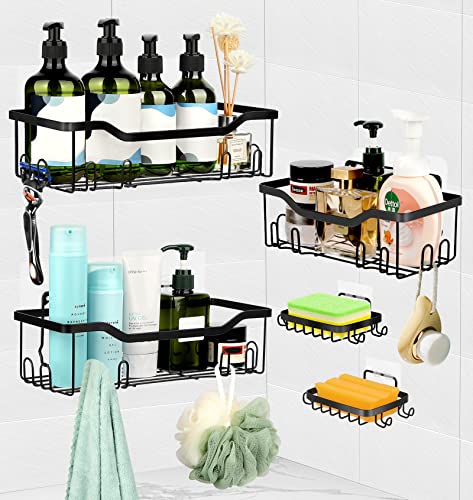 Shower Caddy Sheves,[ 5 Pack ]Bathroom Shelf Organizer with Soap Holder,No Drilling Adhesive SUS 304 Stainless Steel Rustproof Storage Basket Rack Shelves for Home Bathroom Kitchen Toilet(Matte Black)