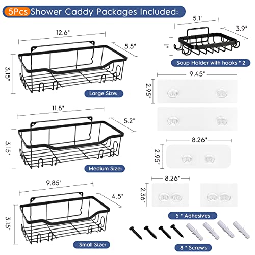 Shower Caddy Sheves,[ 5 Pack ]Bathroom Shelf Organizer with Soap Holder,No Drilling Adhesive SUS 304 Stainless Steel Rustproof Storage Basket Rack Shelves for Home Bathroom Kitchen Toilet(Matte Black)