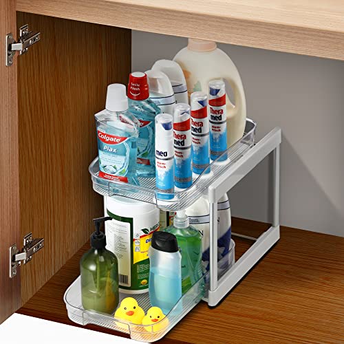 Wahopy Pull-Out Under Cabinet Organizer, Sliding Under Sink Organizer, Bathroom Kitchen 2-Tier Storage, Plastic Drawer & Aluminum Pole, Anti-Rust