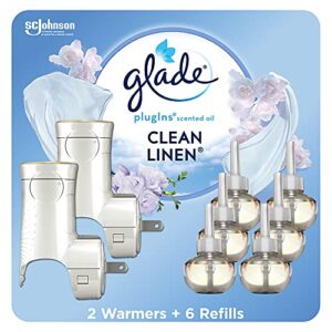 glade plugins refills air freshener starter kit, scented and essential oils for home and bathroom, clean linen, 4.02 fl oz, 2 warmers + 6 refills