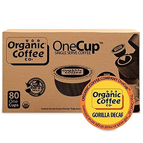 Organic Coffee Co. OneCUP Gorilla DECAF 80 Ct Natural Water Processed Medium Light Roast Compostable Coffee Pods, K Cup Compatible including Keurig 2.0