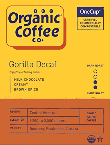 Organic Coffee Co. OneCUP Gorilla DECAF 80 Ct Natural Water Processed Medium Light Roast Compostable Coffee Pods, K Cup Compatible including Keurig 2.0