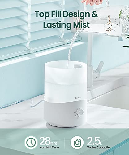 Pharata Humidifiers for Bedroom Large Room, 2.5L Cool Mist Humidifier with Essential Oil Diffuser, Top Fill Air Humidifier for Baby, Home, Plant, Ultrasonic Humidification for whole house, Auto Shut-Off, (White)