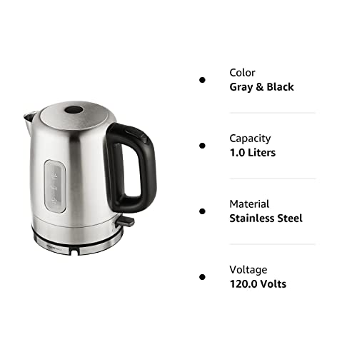 Amazon Basics Stainless Steel Portable Fast, Electric Hot Water Kettle for Tea and Coffee - 1 Liter, Gray/Black