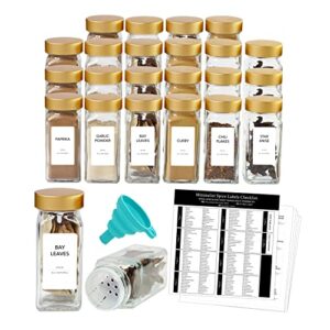 ayousin 24 spice jars with labels – 4oz glass spice jars with shaker lids, 192 spice labels, 24 diy labels & 66 expiration labels – spice containers with gold lids – seasoning jars for spice rack