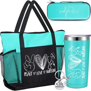 coume 4 pcs nurse gift for women peace love nursing appreciation gift set include zippered nurse tote bag stethoscope case wine tumbler keychain for nurse graduation rn gift nursing bags (turquoise)