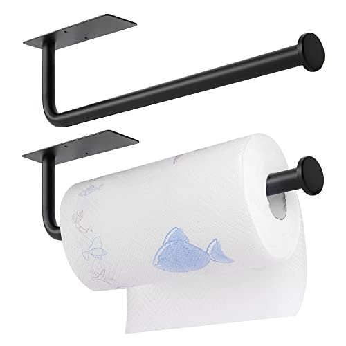 Vtopmart 2 Pack Paper Towel Holders, Self-Adhesive or Wall Mount Black Paper Towel Holders for Kitchen, Under Cabinet and Under Counter, Hanging Stainless Steel papertowel Holders