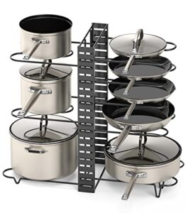 vdomus pot rack organizer with 3 diy methods, black metal kitchen 8+ pots holder, height and position are adjustable cabinet pantry pot lid holder (upgraded)