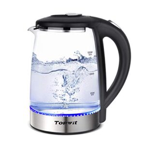 topwit electric kettle glass hot water kettle, 2.0l water warmer, bpa-free stainless steel lid & bottom, tea kettle with fast heating, auto shut-off & boil dry protection