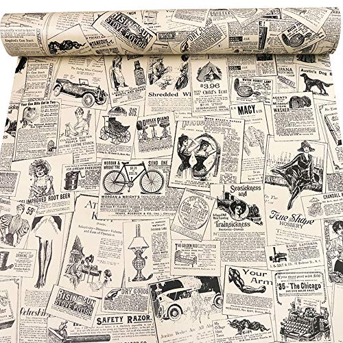 PoetryHome Self-Adhesive Vintage Newspapaer Wall Paper Drawer Shelf Liner for Kitchen Bathroom Cabinets Dresser Wall Crafts 17.7x117 Inches