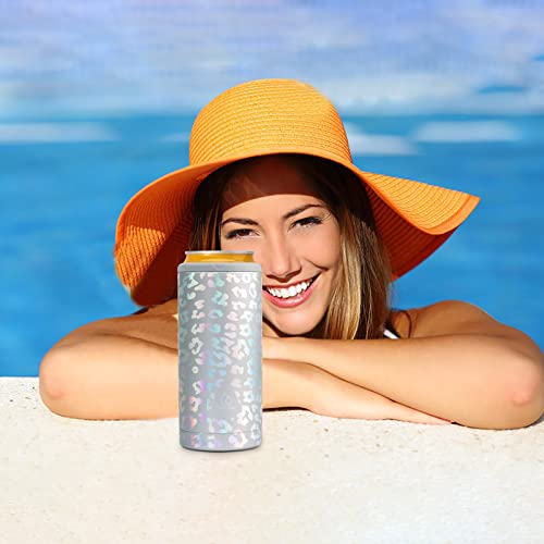 Swig Sip Skinny Can Cooler - Double Wall Stainless Steel Vacuum Insulated Can Holder for 12oz Slim Tall Beverage Bridesmaid Gift (Laser Leopard)