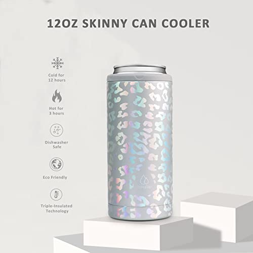 Swig Sip Skinny Can Cooler - Double Wall Stainless Steel Vacuum Insulated Can Holder for 12oz Slim Tall Beverage Bridesmaid Gift (Laser Leopard)