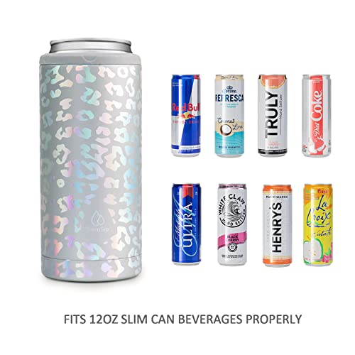 Swig Sip Skinny Can Cooler - Double Wall Stainless Steel Vacuum Insulated Can Holder for 12oz Slim Tall Beverage Bridesmaid Gift (Laser Leopard)