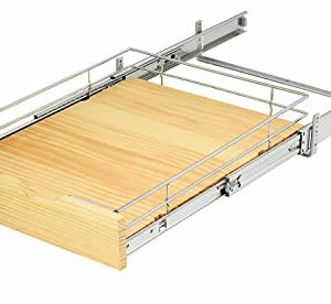 DINDON Pull Out Cabinet Organizer (14" W x 21" D),1 Tier Slide Out Shelf, Shelves Organization and Storage for Kitchen Under Sink Space, Wood and Wire Basket