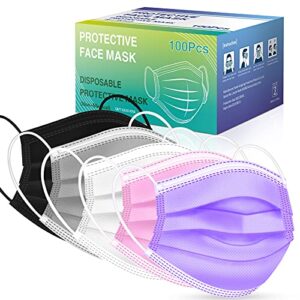 hotodeal 100 pcs colored disposable face masks, 3 ply filter protectors with elastic earloops,breathable lightweight face masks for adult, men, women(colorful02)