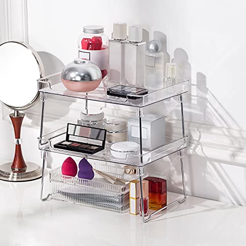 Ettori Stackable Cabinet Organizers and Storage, 2 Packs Cabinet Storage Organization, Clear Cabinet Shelves and Kitchen Counter Shelf- Translucent Plastic and Metal