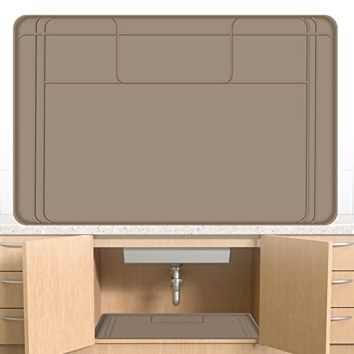 Sanbege Under Sink Mat Liner 34" x 22", Trimmable Kitchen Cabinet Protector Tray, Multipurpose Silicone Waterproof Mat for 36" Cabinet and Crafting, Pet Bowls, Floor Organization (Brown)