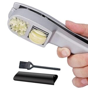 garlic press, 2 in 1 garlic mince and garlic slice with garlic cleaner brush and silicone tube peeler set. easy squeeze, rust proof, dishwasher safe, easy clean.