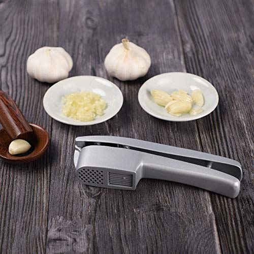 Garlic Press, 2 in 1 Garlic Mince and Garlic Slice with Garlic Cleaner Brush and Silicone Tube Peeler Set. Easy Squeeze, Rust Proof, Dishwasher Safe, Easy Clean.