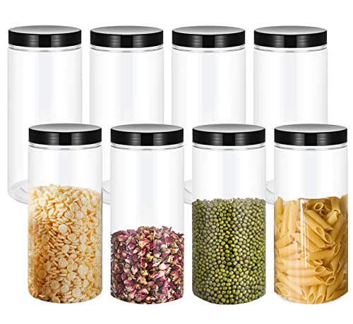 Lawei 8 Pack 34 oz Clear Plastic Jars with Black Lids - Plastic Food Storage Jars for Kitchen & Household Storage of Dry Goods, Nuts, Cookie and more