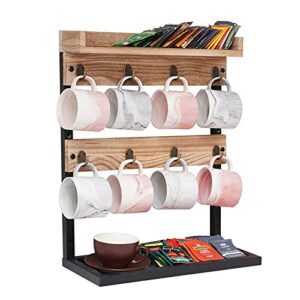 x-cosrack rustic countertop coffee mug rack holder with wire stand,2 tier wall mounted rack holder for coffee mug cups, display organizer hook for home & kitchen,hold 8 mugs