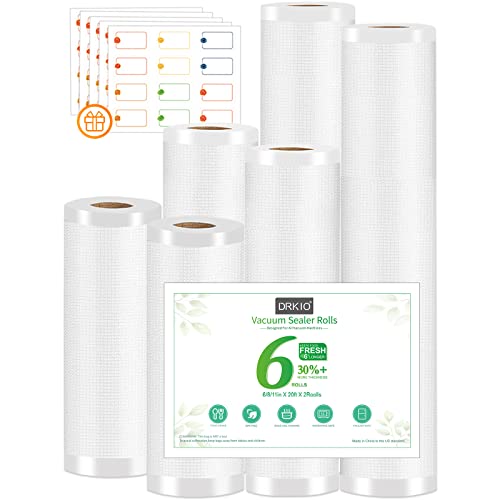 DRKIO Vacuum Sealer Bags - 6 Pack for Food Saver 11"x20' and 8"x20' and 6"x20' Heavy Duty Commercial Grade Vac Seal Rolls Great for Sous Vide Meal Prep Freezer Food Storage Seal a Meal