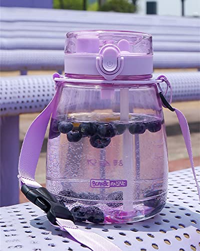 MOIOIBE Kawaii Water Bottle with Straw 45oz Water Bottles with Two Ways to Dinking Modern Water Jug for Women/Teen Girl/School Purple Cute Water Bottles With Strap