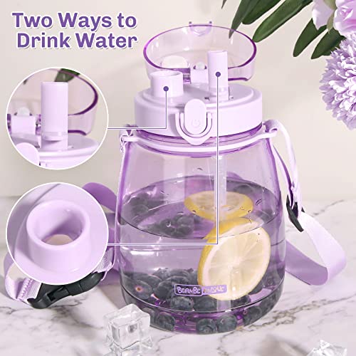 MOIOIBE Kawaii Water Bottle with Straw 45oz Water Bottles with Two Ways to Dinking Modern Water Jug for Women/Teen Girl/School Purple Cute Water Bottles With Strap